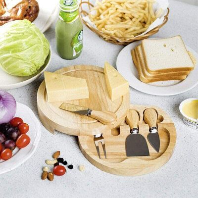 Wooden Cheese Board & Serving Tray Set Includes 4 Piece Stainless Steel ...