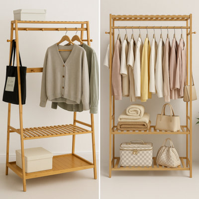 Wooden Clothes Rack Open Wardrobe With Shoe Storage Shelves