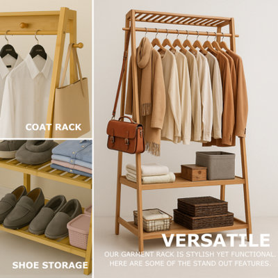 Wooden Clothes Rack Open Wardrobe With Shoe Storage Shelves