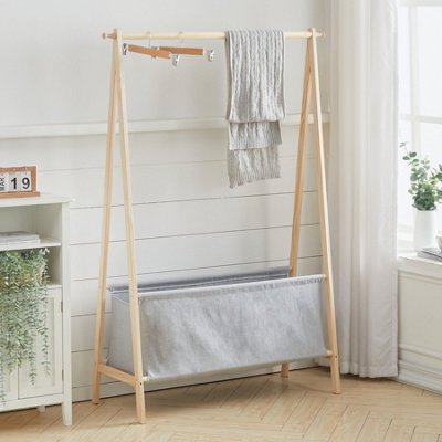 Wooden Clothes Rail Clothing Hanging Stand with Laundry Storage Ba