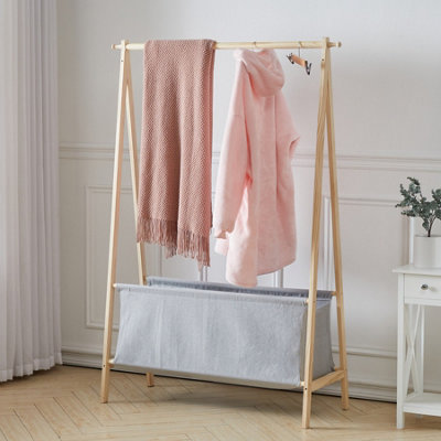 Wooden Clothes Rail Clothing Hanging Stand with Laundry Storage Ba