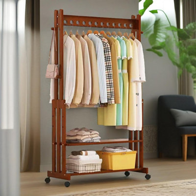 Wooden Clothes Rail With Shelves & Wheels Walnut Brown