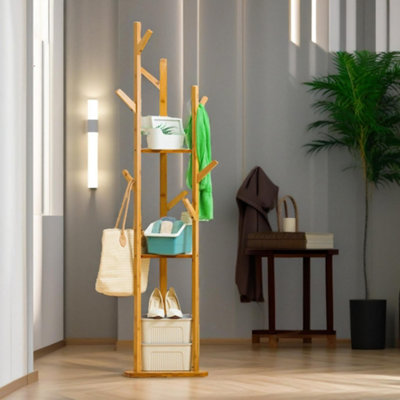 Wooden Coat Stand With 9 Hooks & 2 Shelves