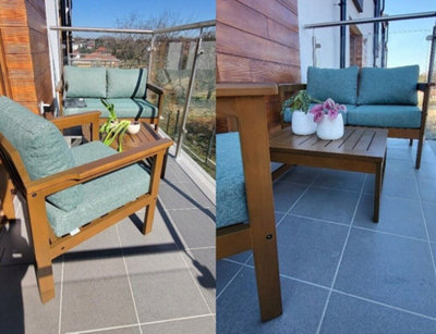 Wooden Garden Bench Seat Sage Green Cushions 2 Seater Comfy Deep Outdoor Cozy