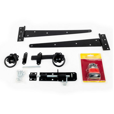Wooden Garden Gate Fitting Kit - Heavy Duty Black Hinges, Latch & Fixings