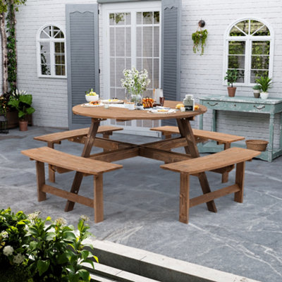 WOODEN GARDEN PICNIC TABLE AND 4 BENCH SET OUTDOOR 8 SEAT ROUND TABLE ...
