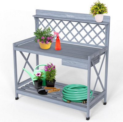 WOODEN GARDEN POTTING TABLE WITH DRAWER TRELLIS PLANTING BENCH HOOKS ...