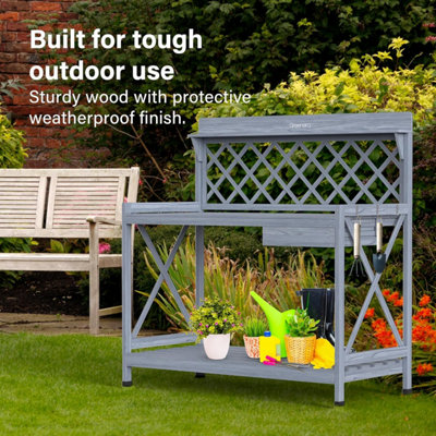 Wooden Garden Potting Table with Drawer Trellis Planting Bench Hooks ...