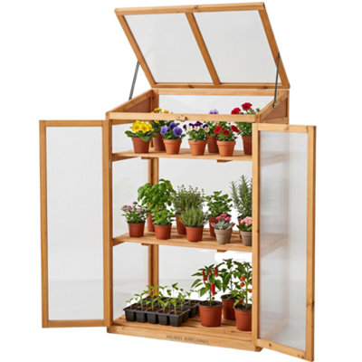 WOODEN GREENHOUSE FREESTANDING GROW HOUSE 3 SHELVES POLYCARBONATE ...