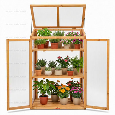 WOODEN GREENHOUSE FREESTANDING GROW HOUSE 3 SHELVES POLYCARBONATE ...