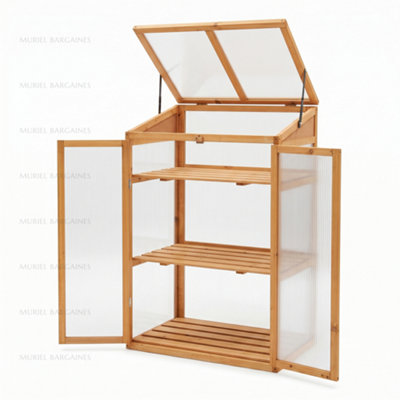WOODEN GREENHOUSE FREESTANDING GROW HOUSE 3 SHELVES POLYCARBONATE ...