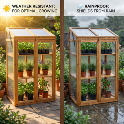 WOODEN GREENHOUSE FREESTANDING GROW HOUSE 3 SHELVES POLYCARBONATE ...