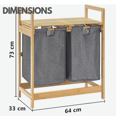Wooden Grey Pull Out Double Laundry Basket With Shelf