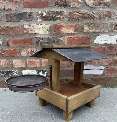 Wooden Ground Bird Feeder Table Station Bird Bath Fully Assembled