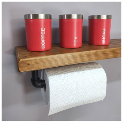Wooden Handmade Rustic Kitchen Roll Black Holder with Medium Oak Shelf ...