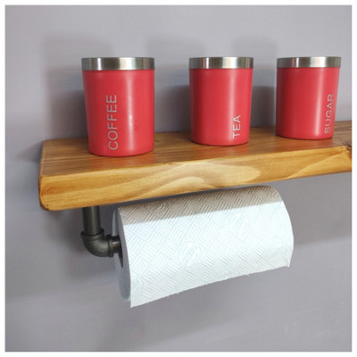 Wooden Handmade Rustic Kitchen Roll Silver Holder with Light Oak Shelf ...