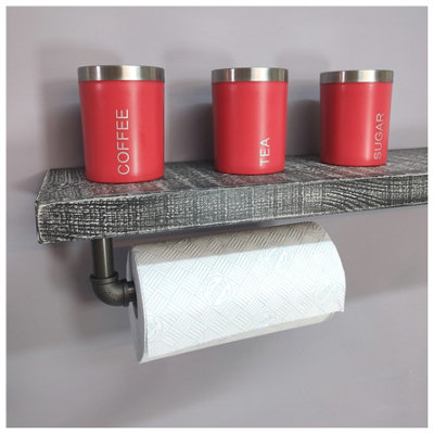 Wooden Handmade Rustic Kitchen Roll Silver Holder with Monochrome Shelf ...