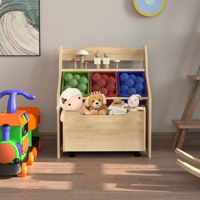 Wooden Kids Toy Storage Organizer, 3 Plastic Bins, Extra Rolling Toy ...