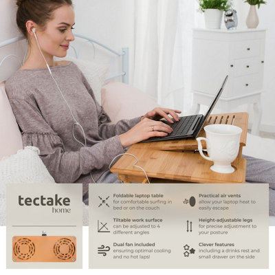 Wooden laptop bed table 55x35x26cm adjustable with USB dual fan - brown ...