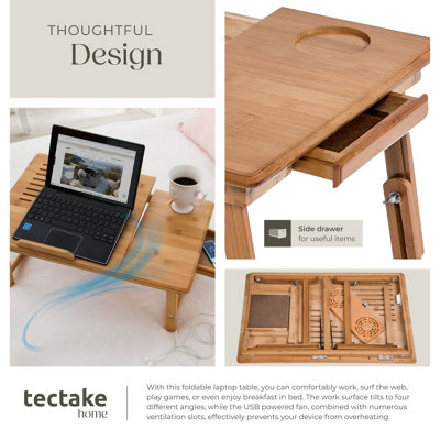 Wooden laptop bed table 55x35x26cm adjustable with USB dual fan - brown ...