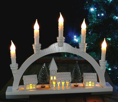 Wooden LED Candle Bridge with Village Scene