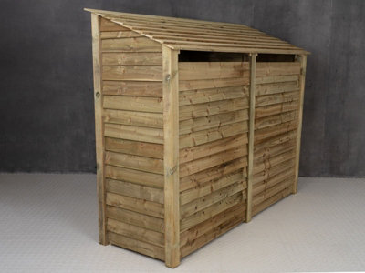 Wooden log store (roof sloping back) with door and kindling shelf W ...