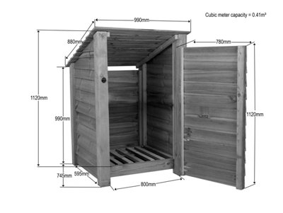 Wooden log store (roof sloping back) with door W-99cm, H-126cm, D-88cm ...