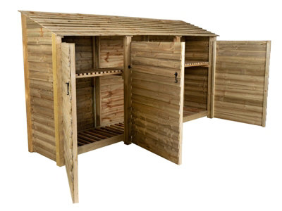 Wooden log store with door and kindling shelf W-335cm, H-180cm, D-88cm ...