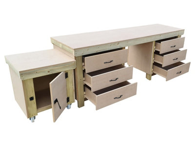 Wooden MDF top workbench with drawers and functional lockable cupboard ...