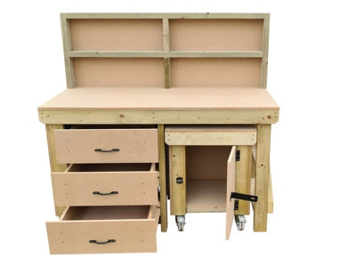 Wooden MDF top workbench with drawers and functional lockable cupboard ...