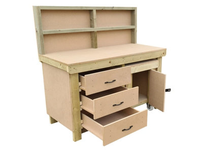Wooden MDF top workbench with drawers and functional lockable cupboard ...