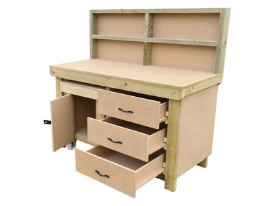 Wooden MDF top workbench with drawers and functional lockable cupboard ...