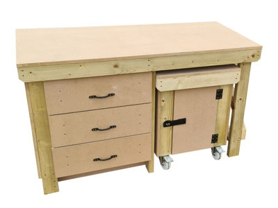 Wooden MDF top workbench with drawers and functional lockable cupboard ...