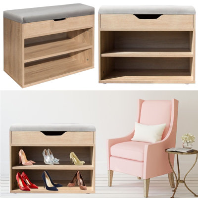 Wooden Ottoman Shoes Storage Rack Bench Padded Grey Seat Cabinet ...