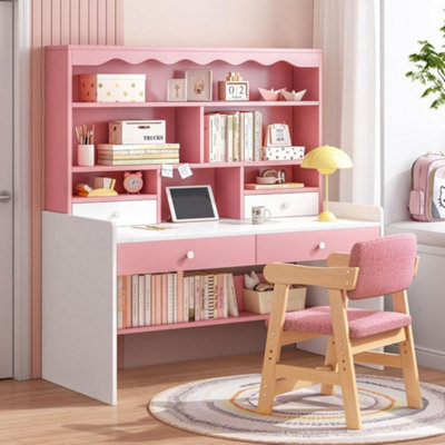Wooden Pink/White Free Standing Study Table Desk With Shelves & Drawers ...