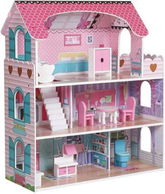 Wooden Play Doll House With Accessories & Furniture Storey Pretend Play ...