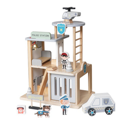 Wooden Police Station Playset for Kids Pretend Play Toy Dollhouse 3 ...