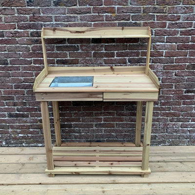 Wooden Potting Table with Drawer, Two Storage Shelves and Zinc Soil ...