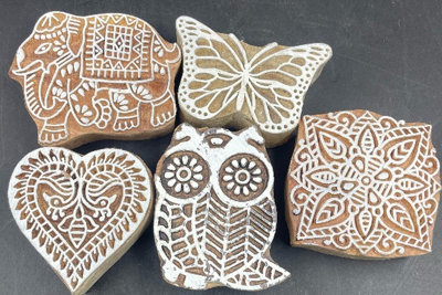 Wooden Print Blocks Set of 5 Hand Carved Ideal For Fabrics