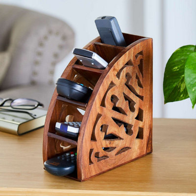 Wooden Remote Control Holder for 5 Remotes - Hand-Carved Sheesham Wood