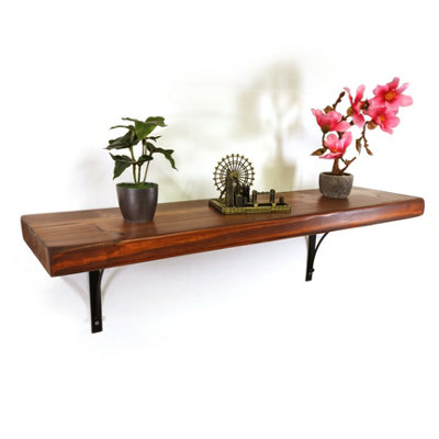 Wooden Rustic Shelf with Bracket BOW Black 170mm 7 inches Walnut Length ...