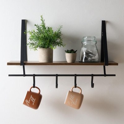 Wooden Shelving Hooks Kitchen Display Cup Holder Office Wall Storage ...