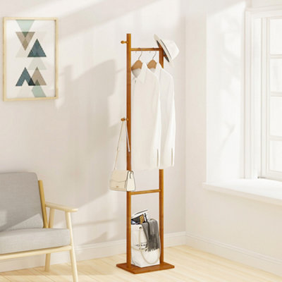 Wooden Slim Clothing Rack with Hooks Brown