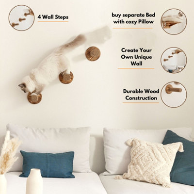 Wooden Wall Mounted Cat Steps Set Of 4 Natural Round Sisal Rope Post ...
