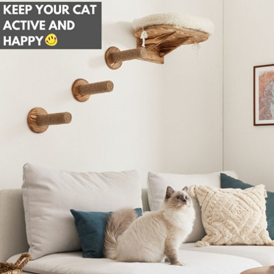 Wooden Wall Mounted Cat Steps Set Of 4 Natural Round Sisal Rope Post ...