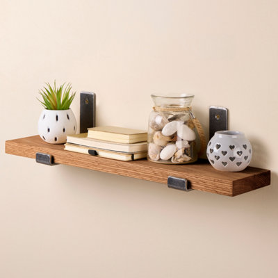 Wooden Wall Shelf with Inverted Brackets - 100cm Oak Shelf with Walnut ...