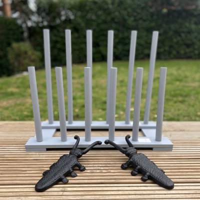 Wooden Welly Boot Rack Organiser in Light Grey with Two Cast Iron ...