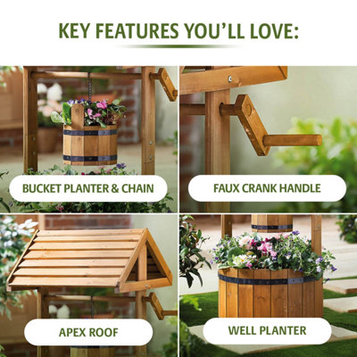 Wooden Wishing Well Planter For Flowers Shrubs Plants, Outdoors Garden ...