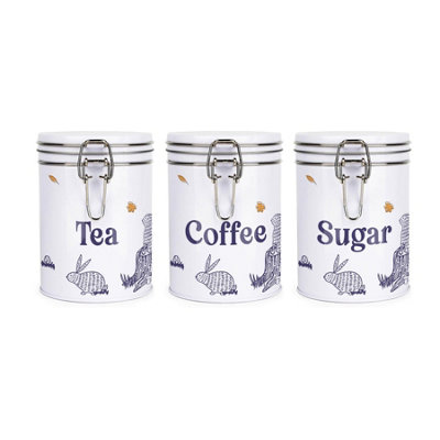 Woodland Rabbits Tea Coffee Sugar Canister Set of 3 - White Metal Clip ...