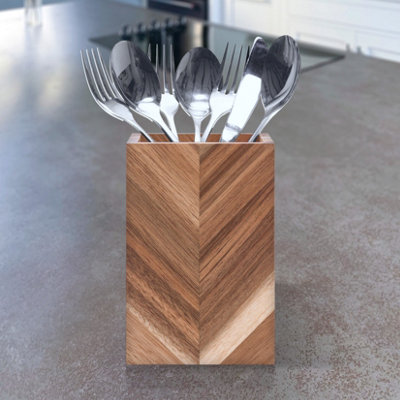 Woodluv Herringbone Pattern Acacia Wood Utensil Holder, 10 x 10 x 15 cm